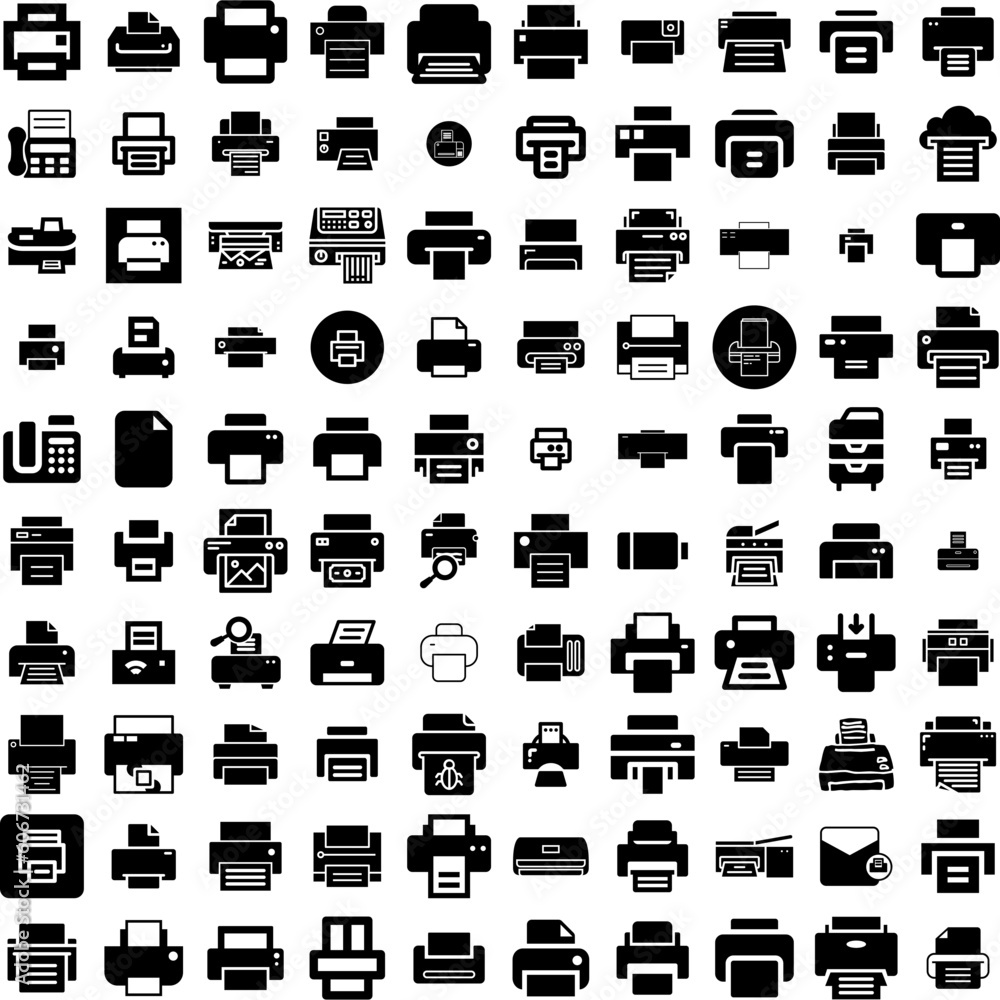 Collection Of 100 Printer Icons Set Isolated Solid Silhouette Icons ...