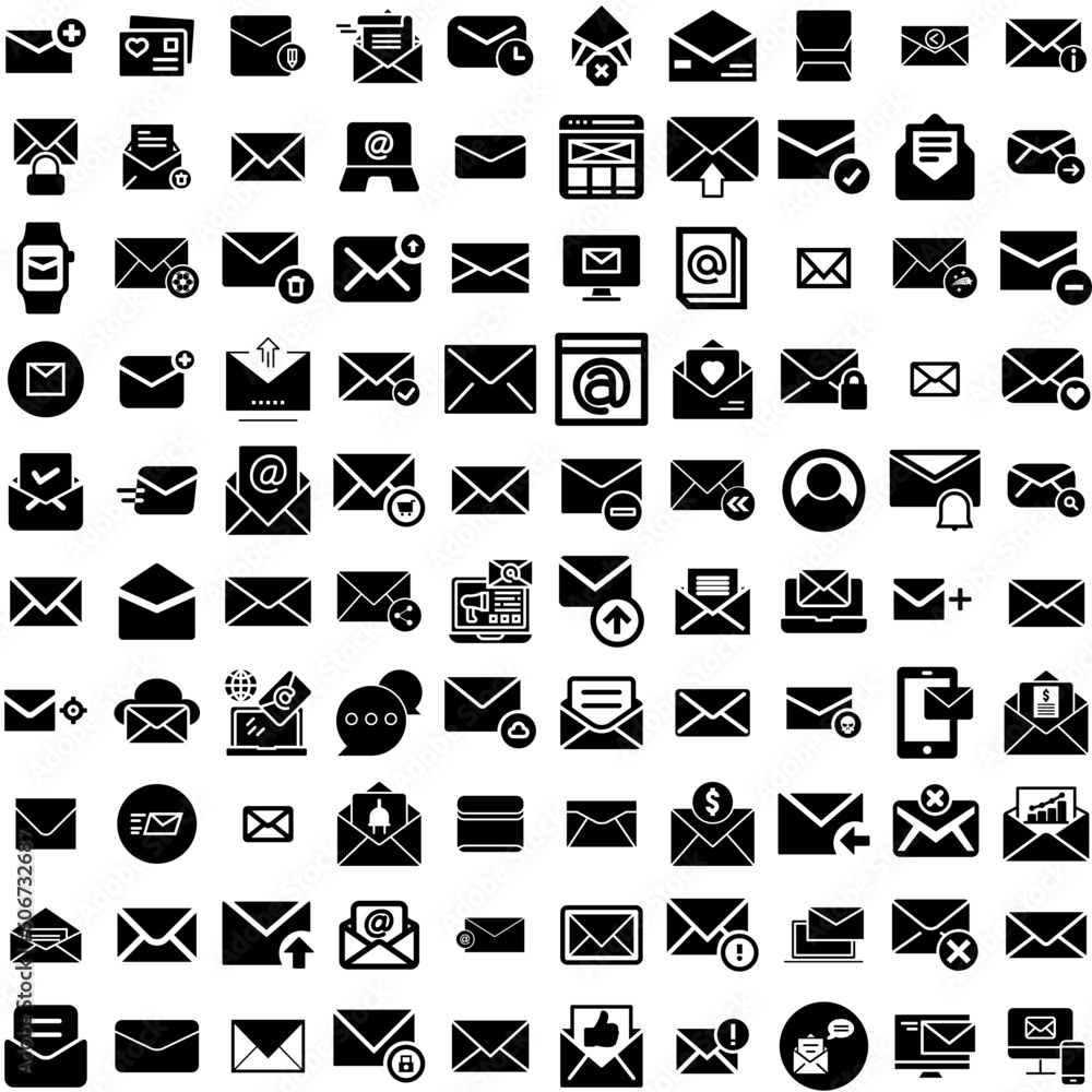 Collection Of 100 Email Icons Set Isolated Solid Silhouette Icons Including Communication ...