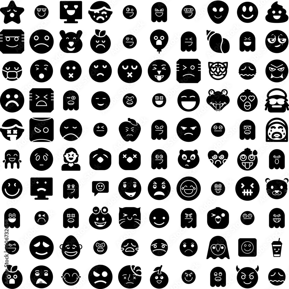 Vetor de Collection Of 100 Emoji Icons Set Isolated Solid Silhouette ...