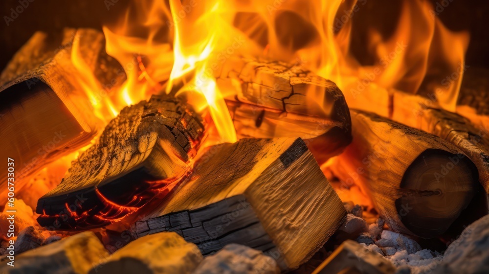 Burning tree log close-up as an abstract background. Hot coals of ...