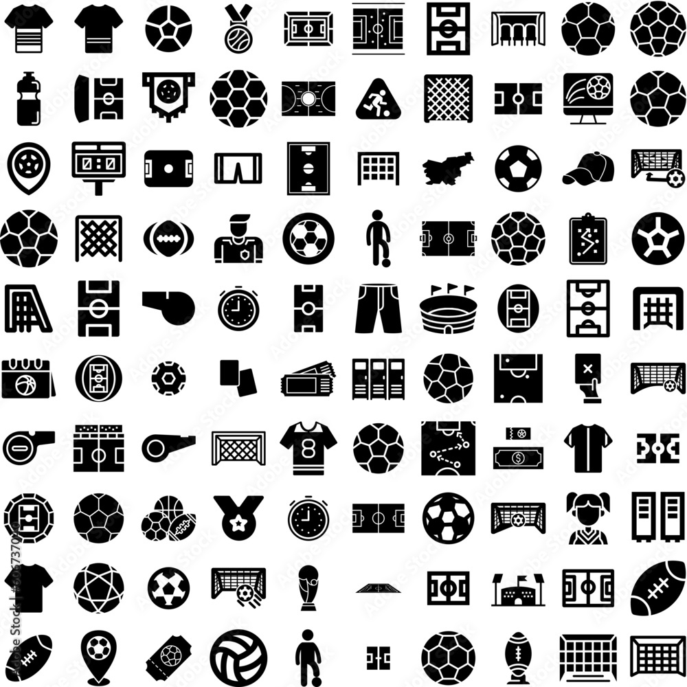 Collection Of 100 Soccer Icons Set Isolated Solid Silhouette Icons ...