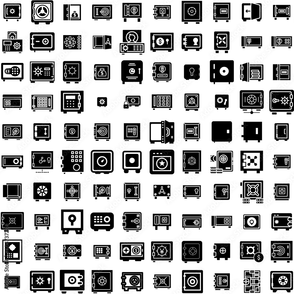 Vetor de Collection Of 100 Vault Icons Set Isolated Solid Silhouette ...