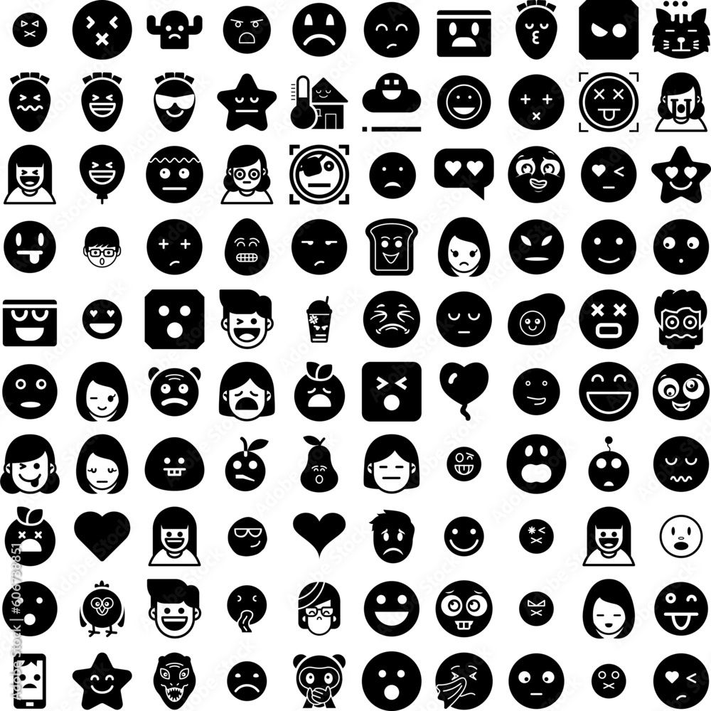 Vetor de Collection Of 100 Emotion Icons Set Isolated Solid Silhouette ...