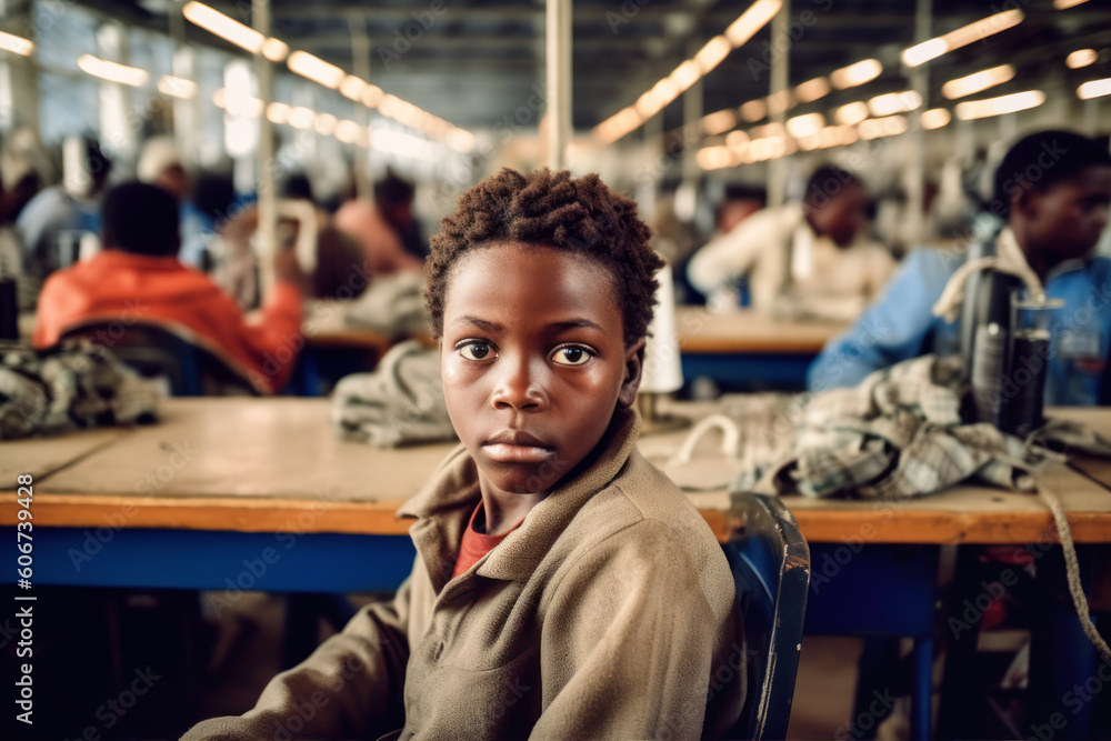 Small African black boy portrait with blurred textile factory ...