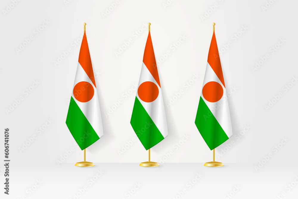 Three Niger flags in a row on a golden stand, illustration of press ...