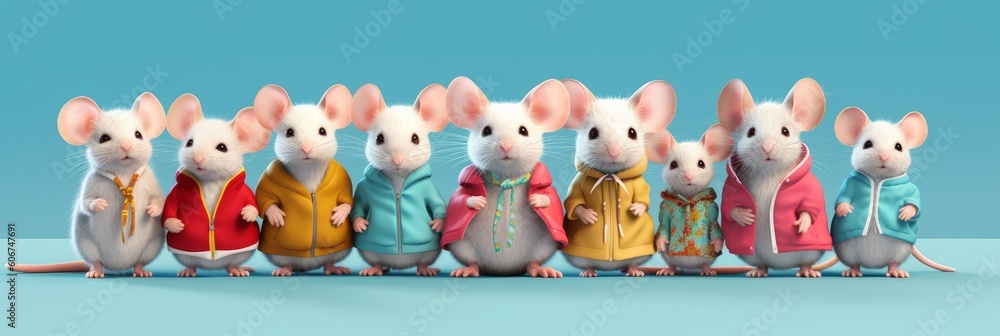 Nine adorable white mice on pastel blue background. Cartoon style ...