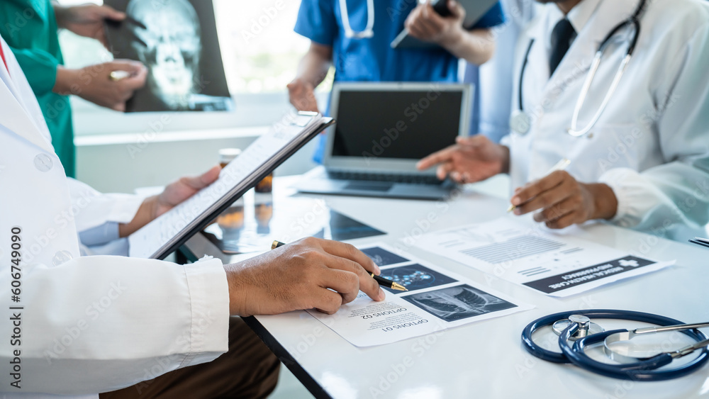 Medical surgical team meeting with doctors in white lab coats and ...