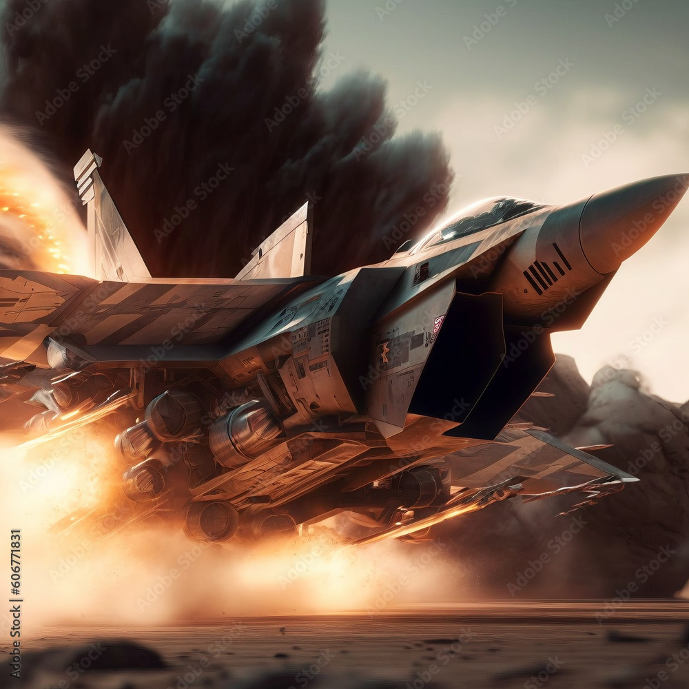 High-speed fighter jet in motion, leaving dynamic trails behind ...