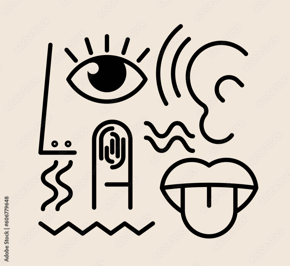 Five human senses icon composition. Mouth to taste, nose to smell and ...