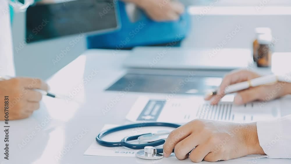 Medical, meeting and laptop for team in office in discussion ...