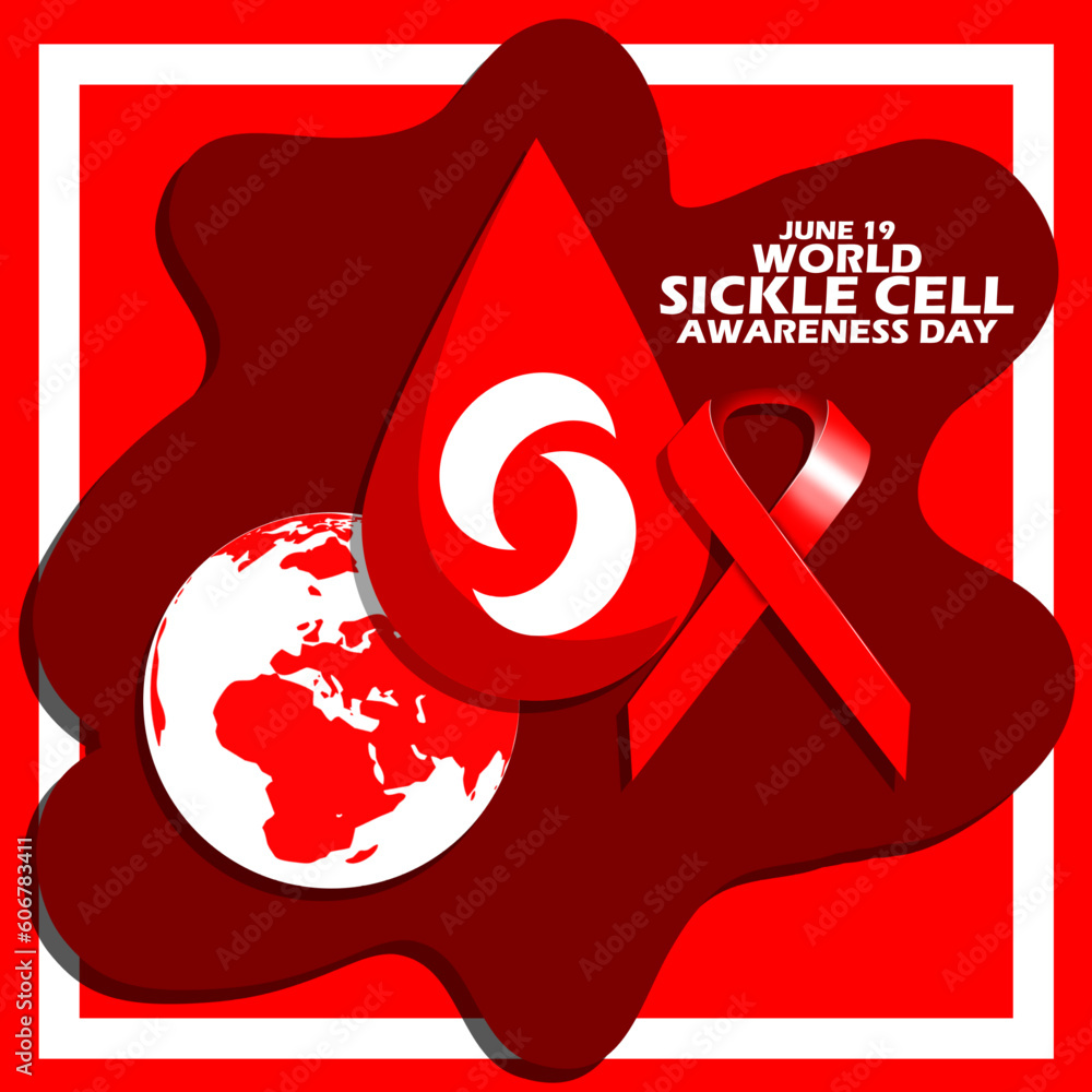 Illustration of a drop of blood with sickle cell, red ribbon, earth and ...