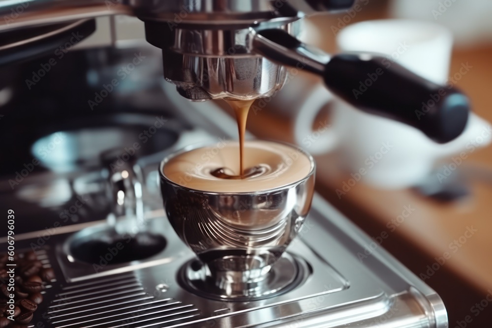 Coffee maker machine closeup, hot espresso pouring in a cup from a ...