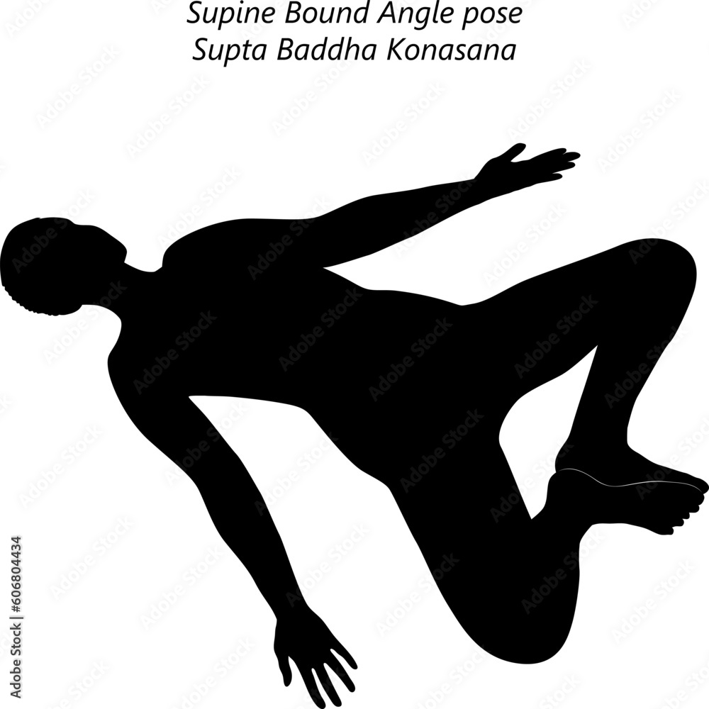 Flat black silhouette of young woman practicing yoga, doing Supine ...