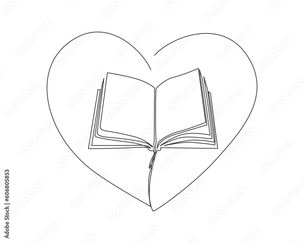 Continuous one line drawing of opened book inside love shape. Education ...