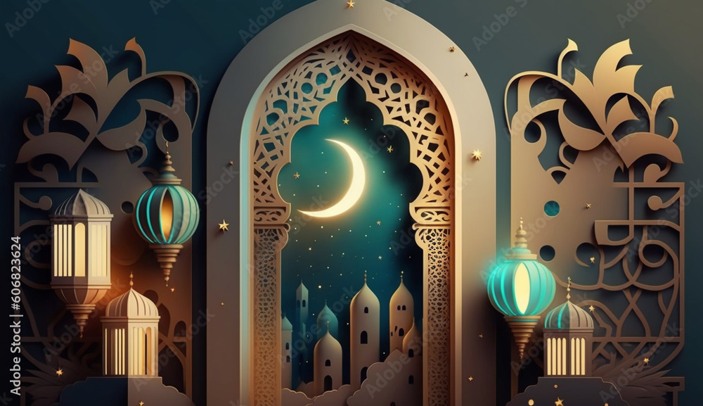 islamic background with moon lanterns and mosque for ramadan eid ul ...