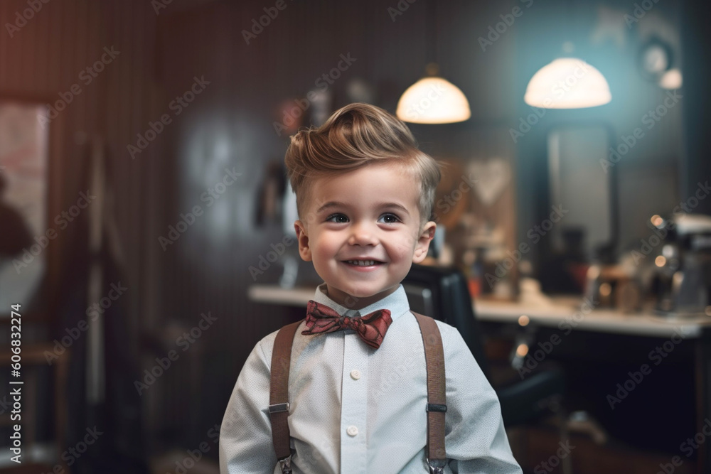 Child haircut salon. Portrait of happy child with beautiful haircut ...