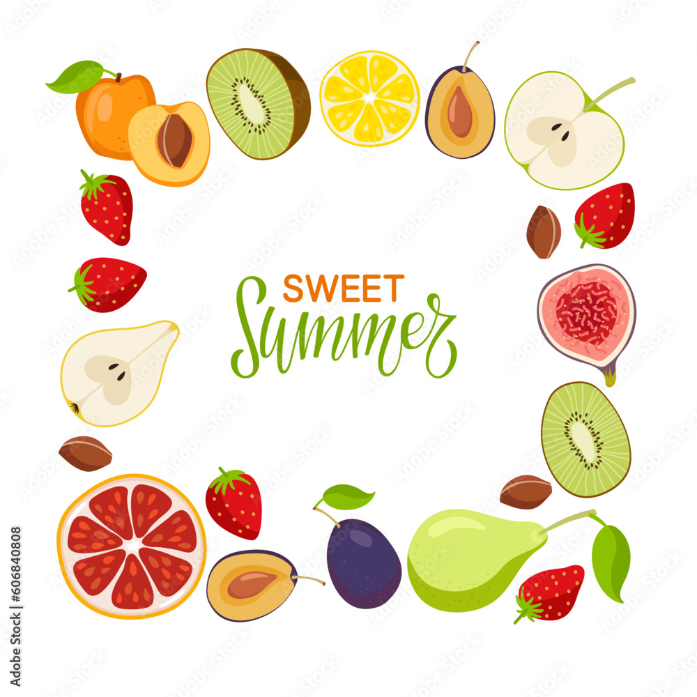 Sweet summer card. Fruits frame with text. Square fruit border isolated ...