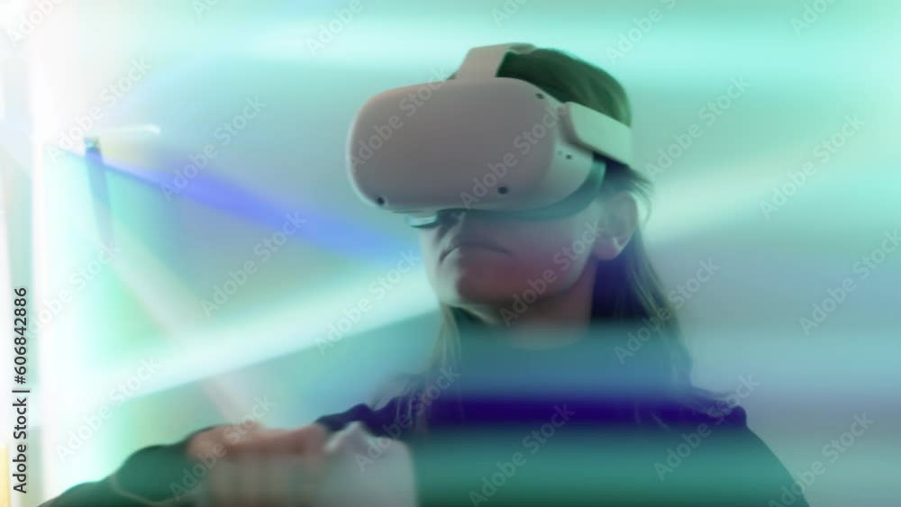 Woman artist draws digital picture using virtual reality technology in ...