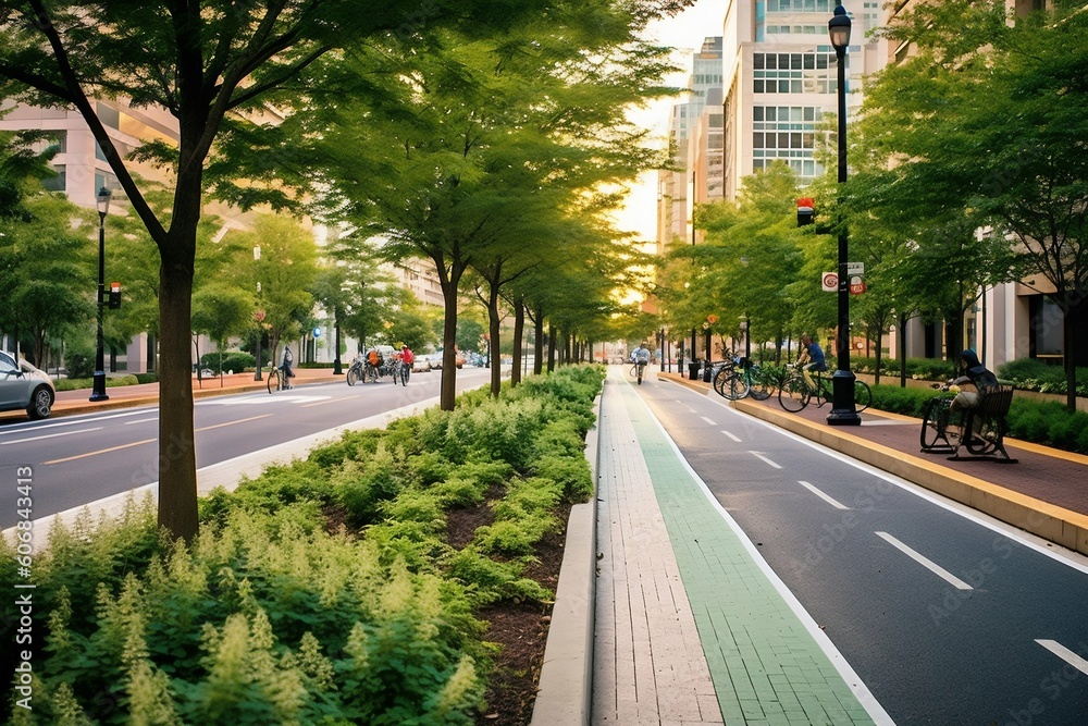 Sustainable City Street Infrastructure with Bike Lanes and Green Spaces ...