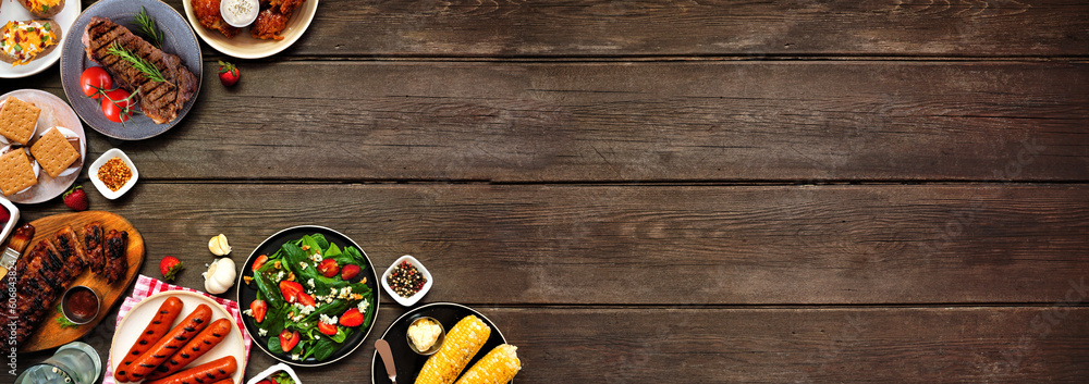 Summer BBQ food corner border over a dark wood banner background ...