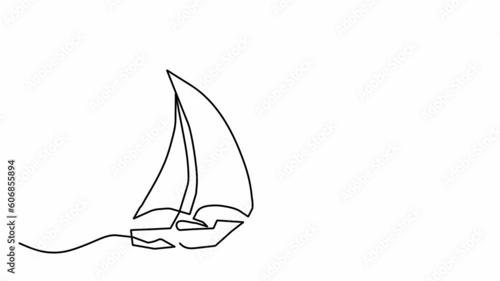 Animation of one single line drawing of sail boat sailing on the sea ...