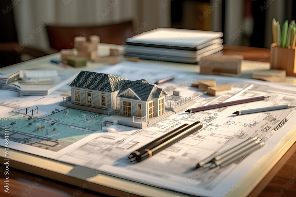 architect table with architectural structure stuff tools equipment ...