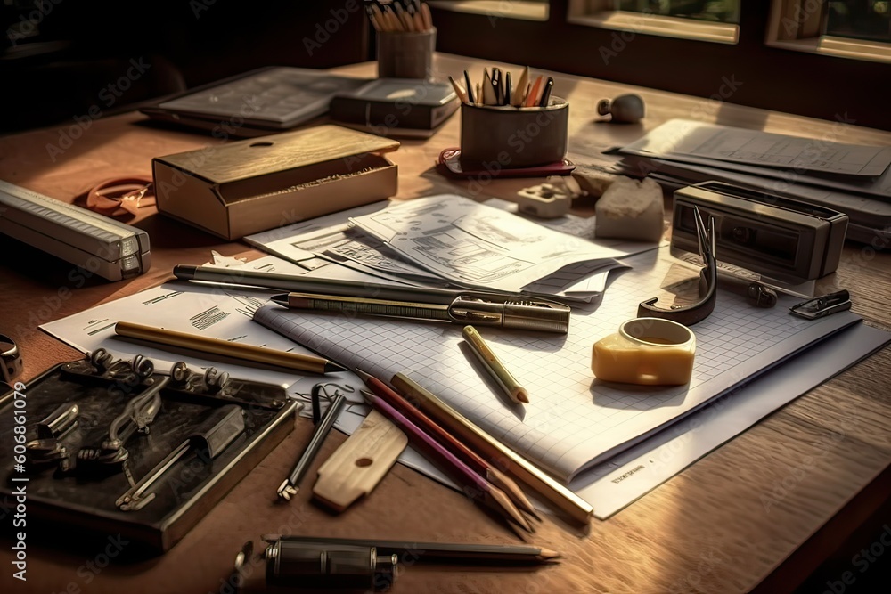 architect table with architectural structure stuff tools equipment ...