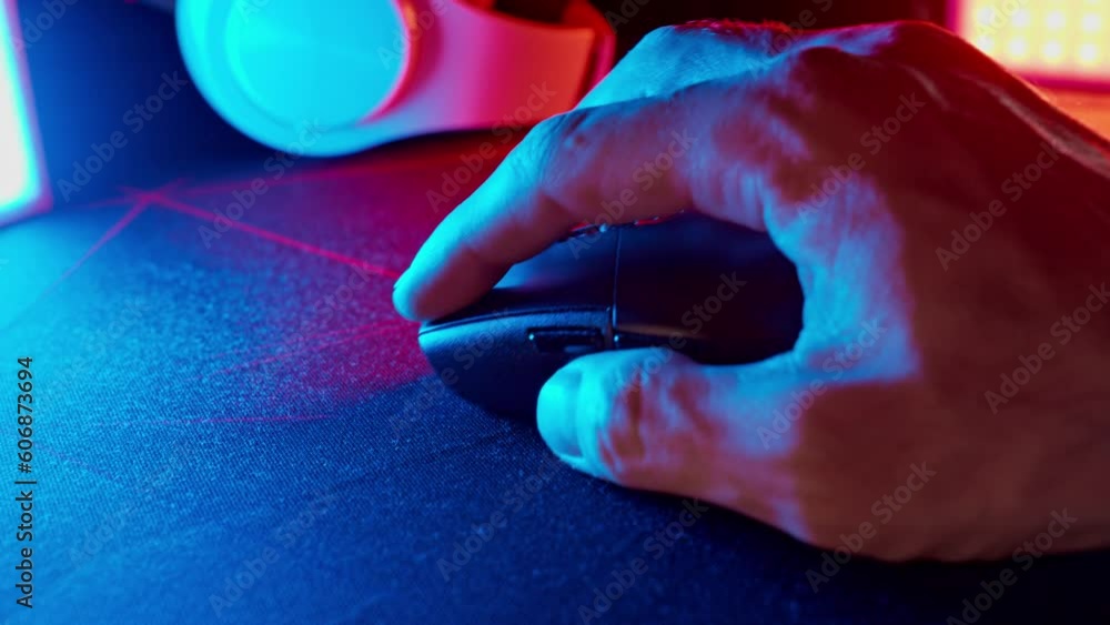 Male student click black computer mouse. Person's hand using wireless ...