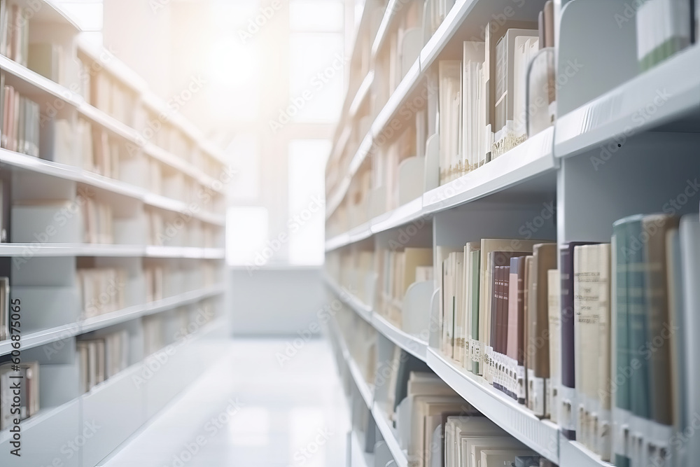 Blur image of picture library white background. bookshelves in the ...