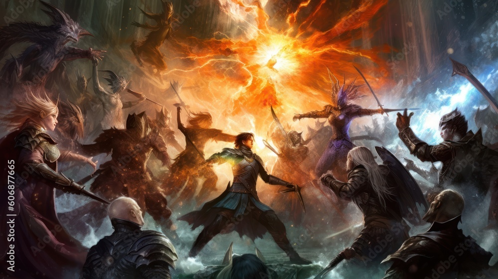 Epic fantasy battle between different races and factions, featuring ...