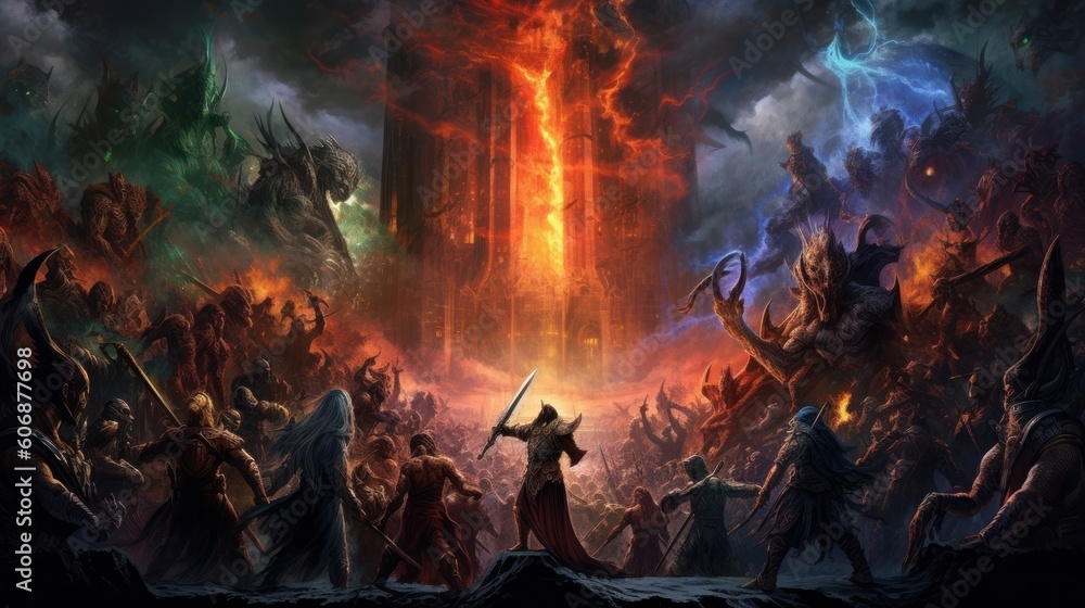 Epic fantasy battle between different races and factions, featuring ...