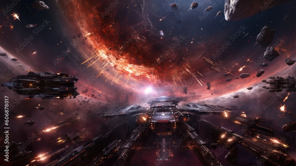 Epic space battle between starships, with laser beams, explosions, and ...