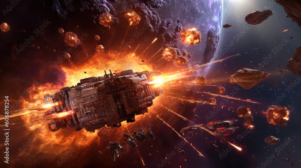 Epic space battle between starships, with laser beams, explosions, and ...