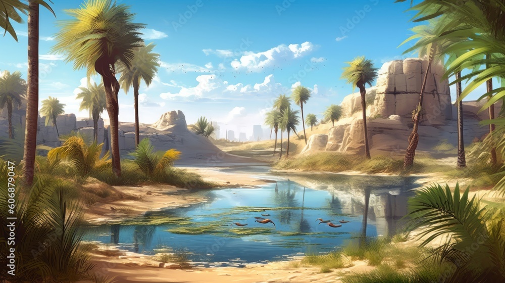 Illustrate an oasis in a vast desert, with palm trees, flowing water ...