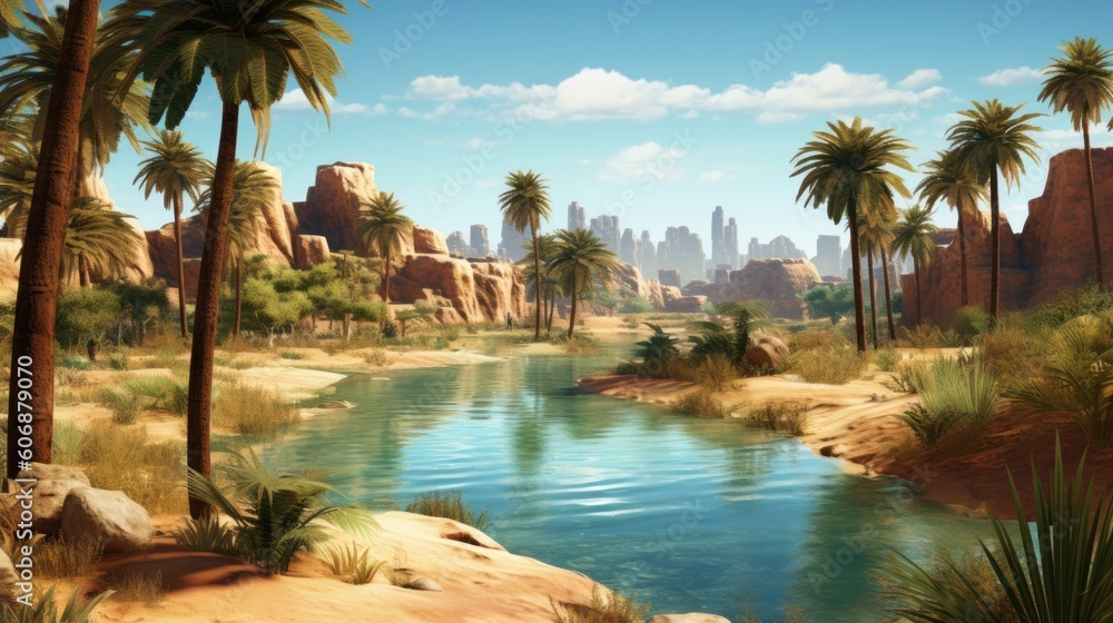 Illustrate an oasis in a vast desert, with palm trees, flowing water ...