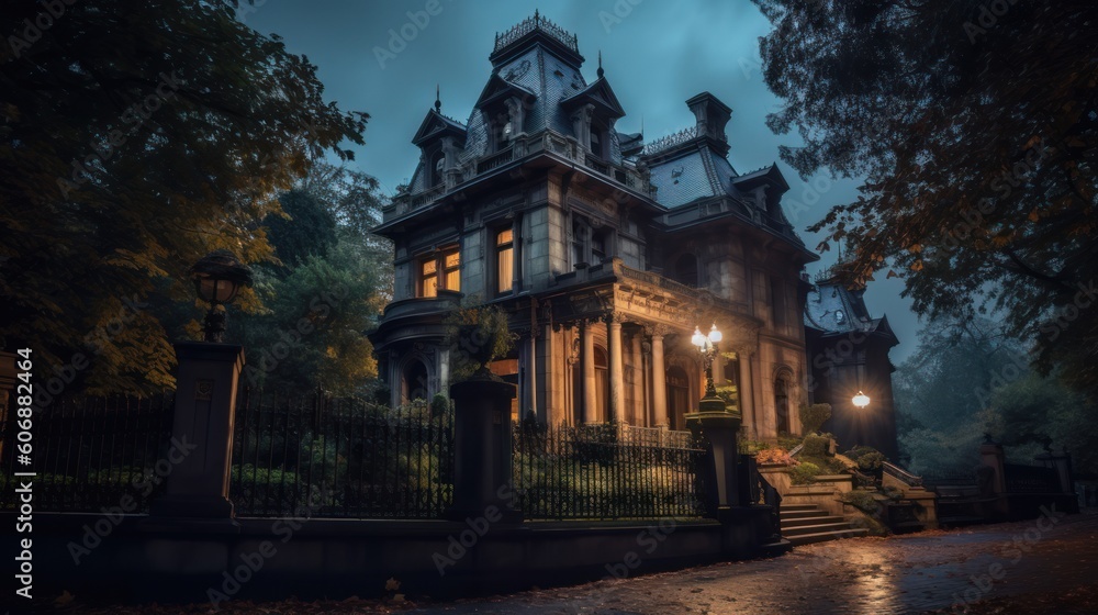 Spooky haunted mansion, complete with eerie architecture, ghostly ...