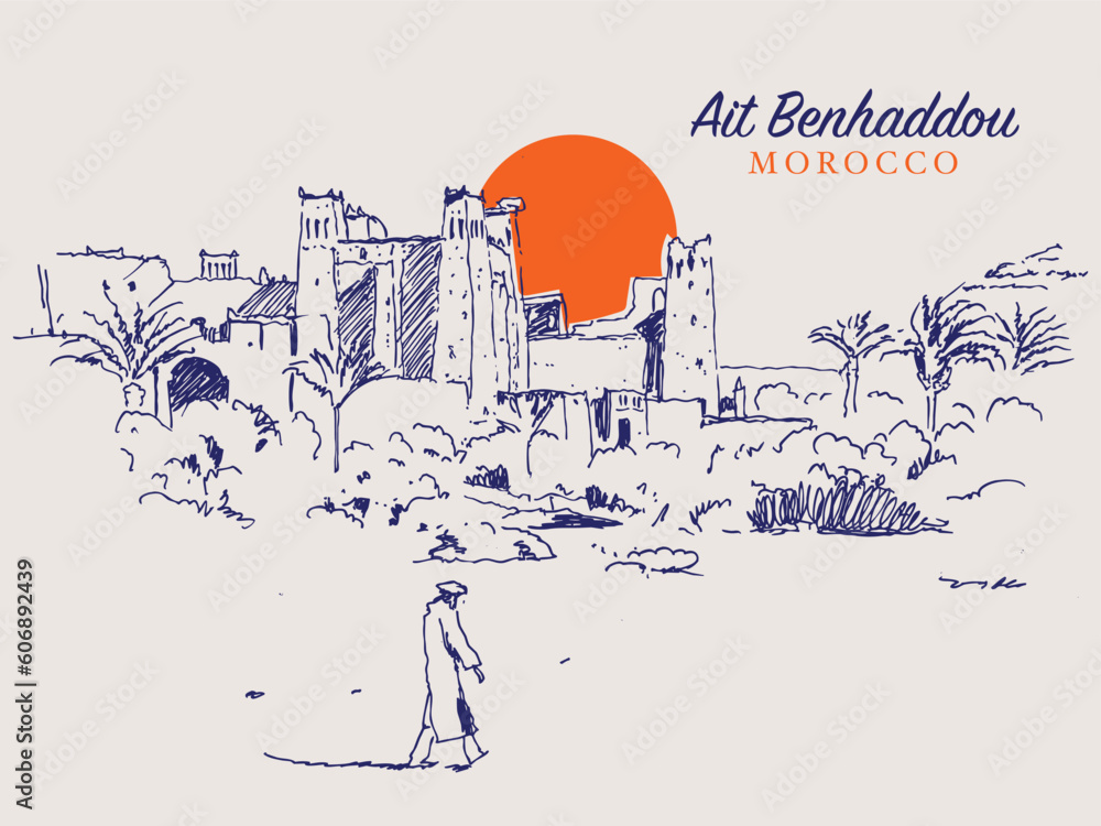 Drawing sketch illustration of Ait Benhaddou, a fortified village in ...