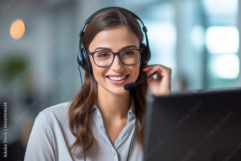 Call center, young woman and smile in contact us with CRM, headset with ...