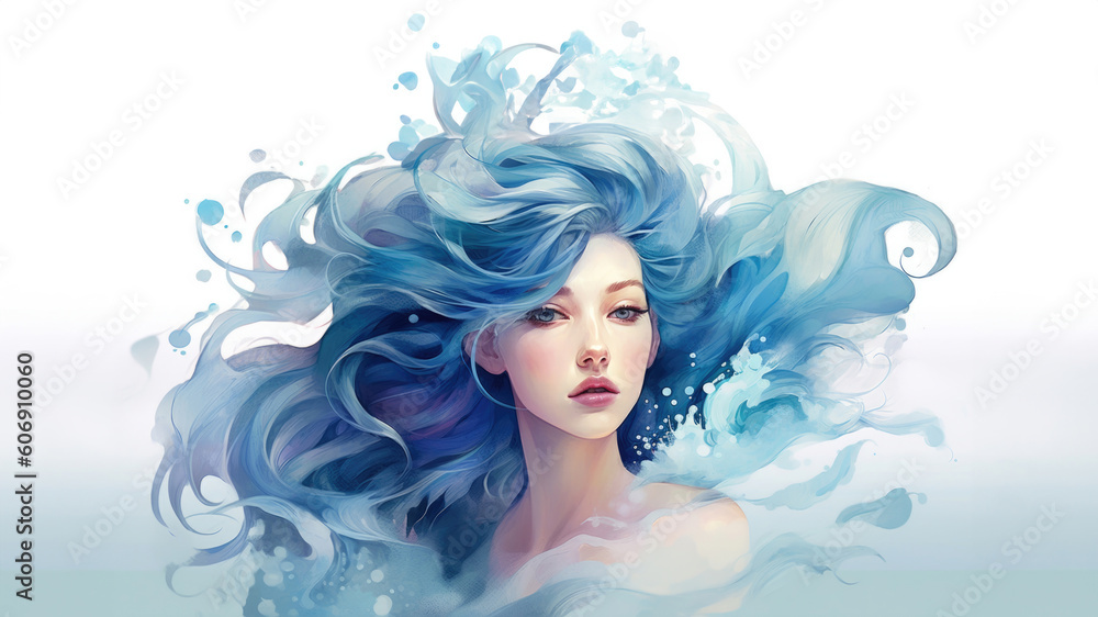 Mythical elemental princess of air and water, nature spirit with pale ...