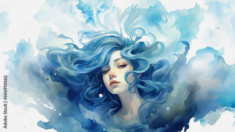 Mythical elemental princess of air and water, nature spirit with pale ...
