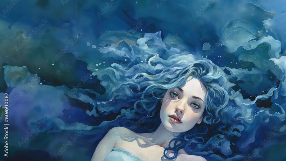 Mythical elemental princess of air and water, nature spirit with pale ...