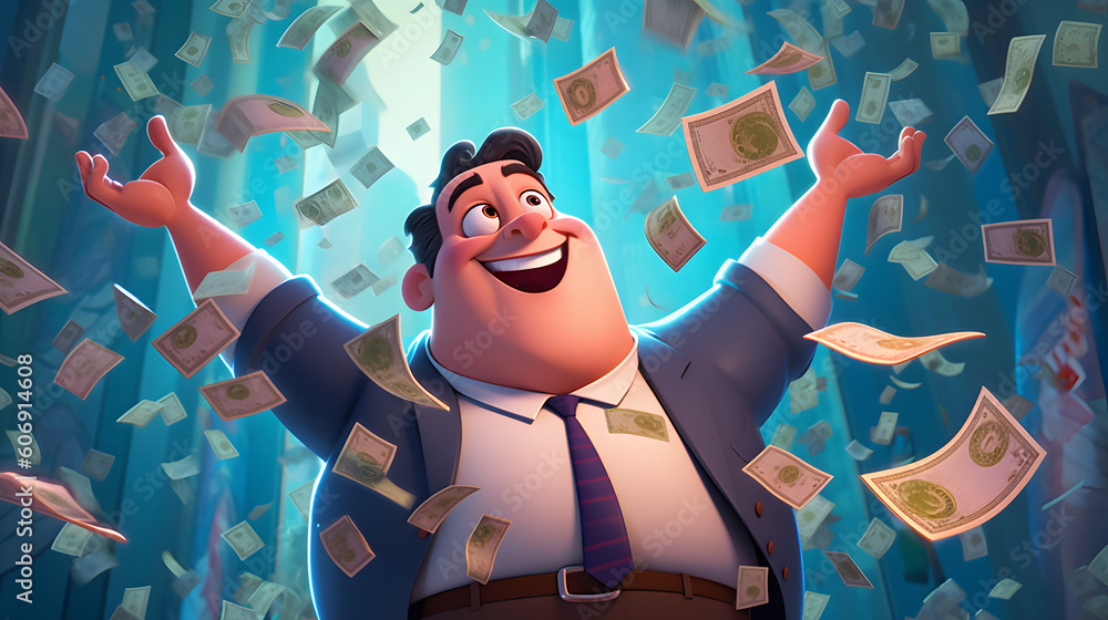 cartoon rich man, success in business, raining money, Generative AI ...