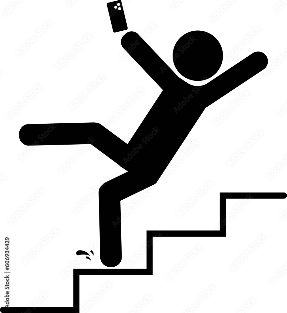 Isolated ilustration of icon man slip fall on stair, do not use phone ...