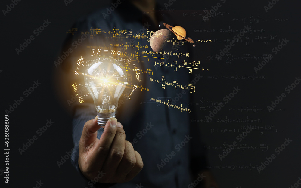 Scientist holding a light bulb and surrounding it with physics or ...