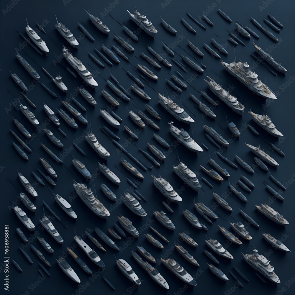 flat lay top down arrangement of ships, boats, and submarines on ocean ...