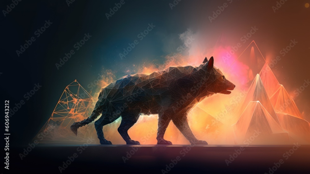 Wolf in the night with pyramids and fog gradient Stock Illustration ...