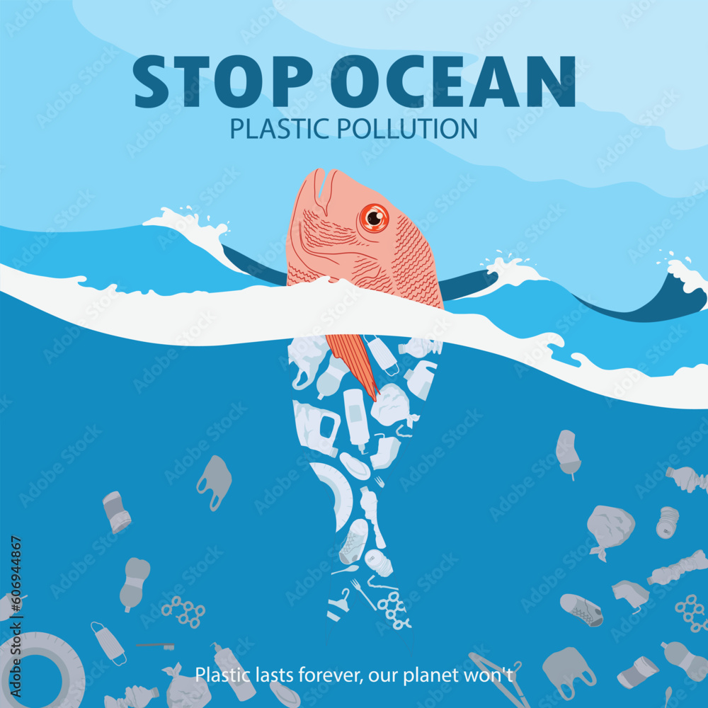 stop ocean plastic pollution. illustration of environmental damage by ...