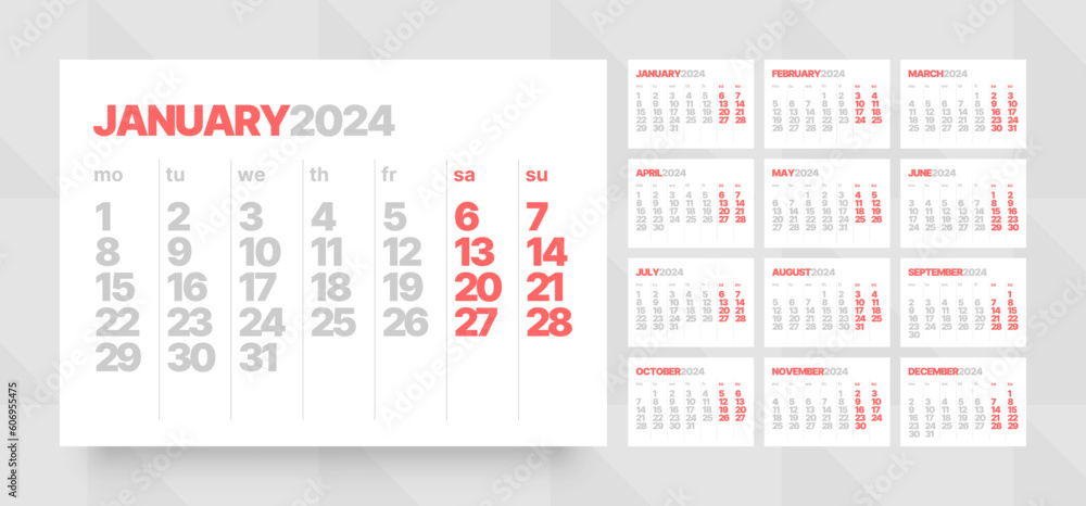 Monthly calendar template for 2024 year. Wall calendar grid in a ...