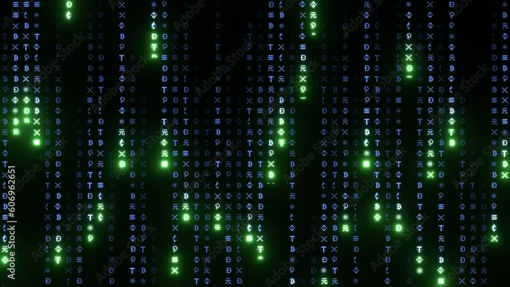 Encrypted data running on a black background, concept of digital age. algorithm binary, hud ...