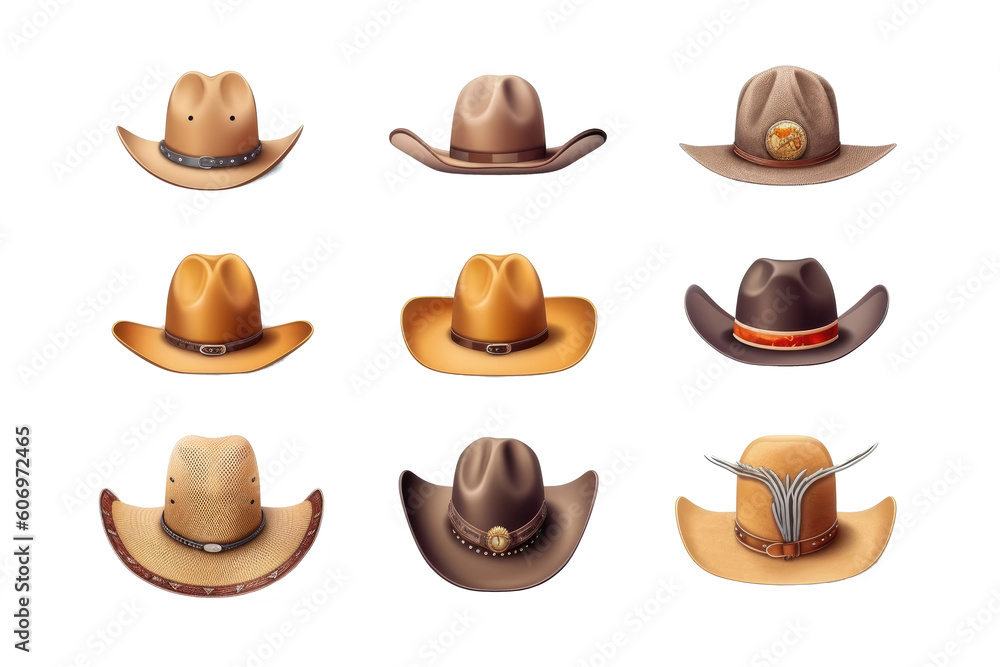 Different cowboy cap types collection photo realistic. Transparent ...